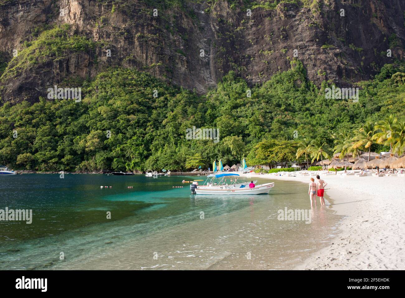 Soufriere, St Lucia. View from water's edge along Jalousie Beach to the ...