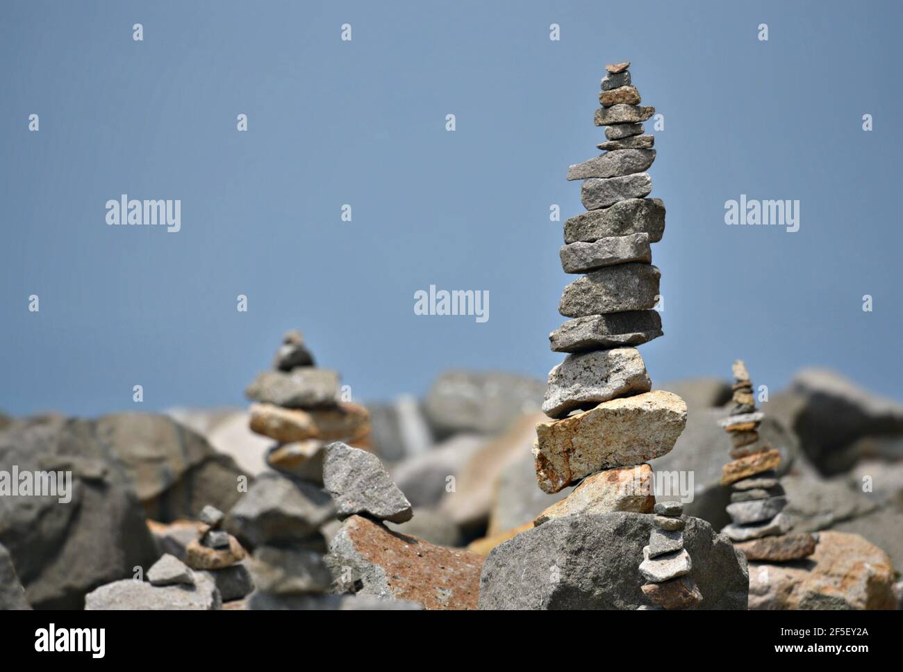 Rock cairns on the coast of Morro Bay in San Luis Obispo, California ...
