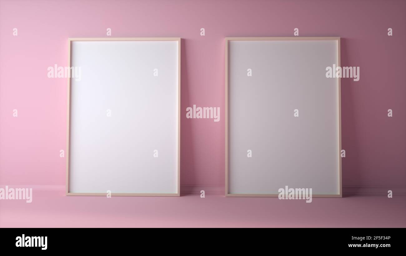 Blank two photo frames on light pink wall mock up. 3d rendering Stock ...