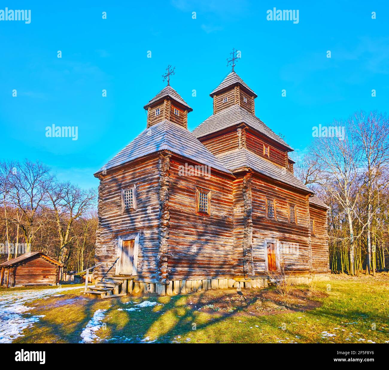 The facade of historic timber Church of the Resurrection, Polissya ...
