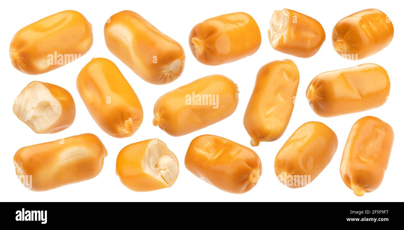 Cheese snacks, smoked processed cheese isolated on white background ...