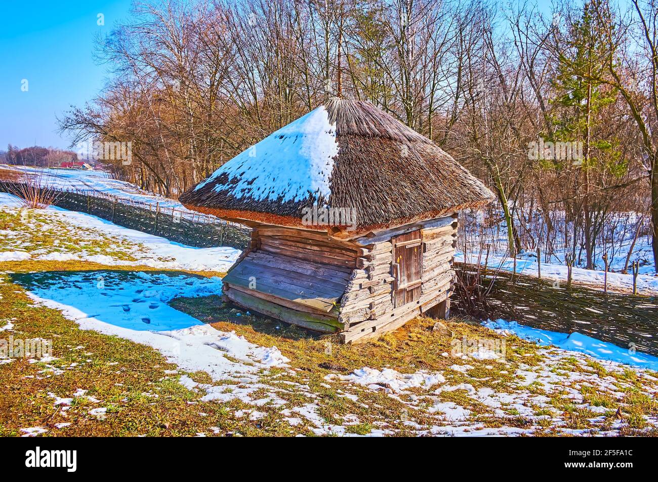 The small timber playpen for pigs with straw roof, covered with last spring snow, Pyrohiv ...