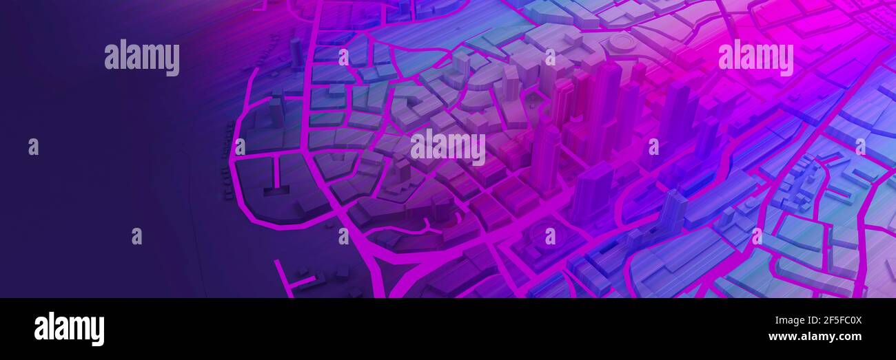 city in the texture of blue pink gradient above view. 3d rendering ...