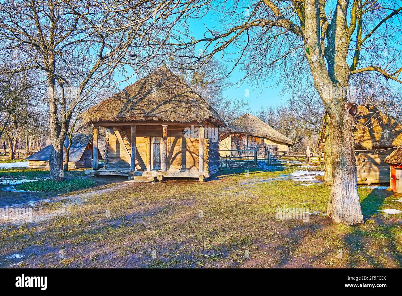 The old timber barn in court of typical historic farmstead, Pyrohiv ...
