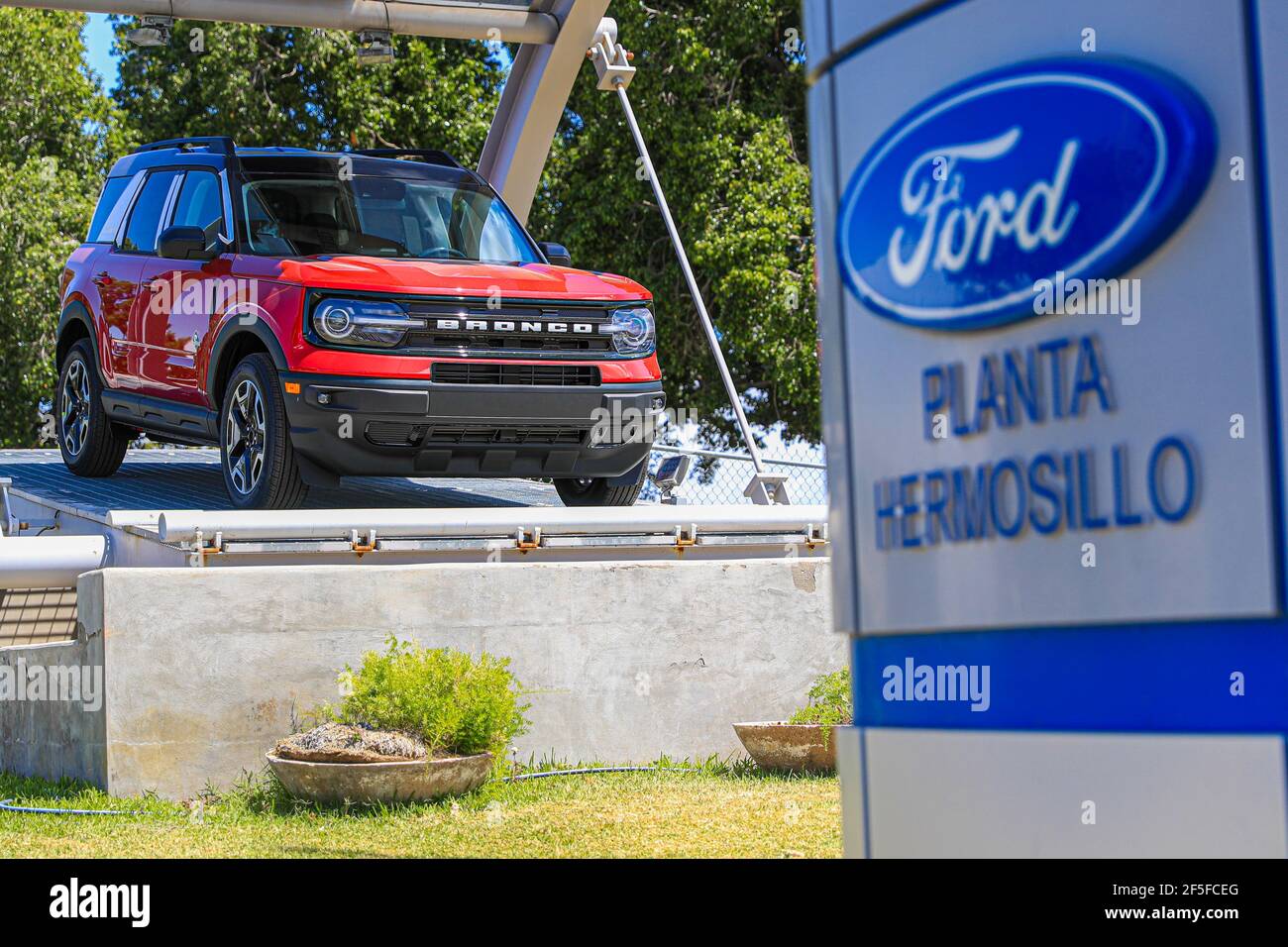 2021 Ford Bronco sport truck displayed at the entrance to the Ford ...