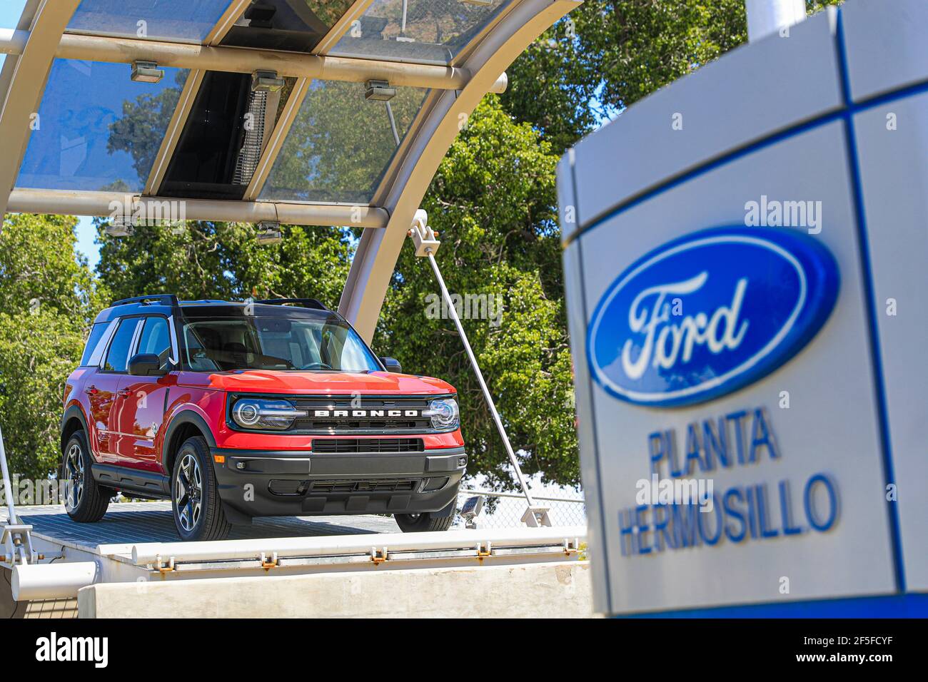 2021 Ford Bronco sport truck displayed at the entrance to the Ford ...
