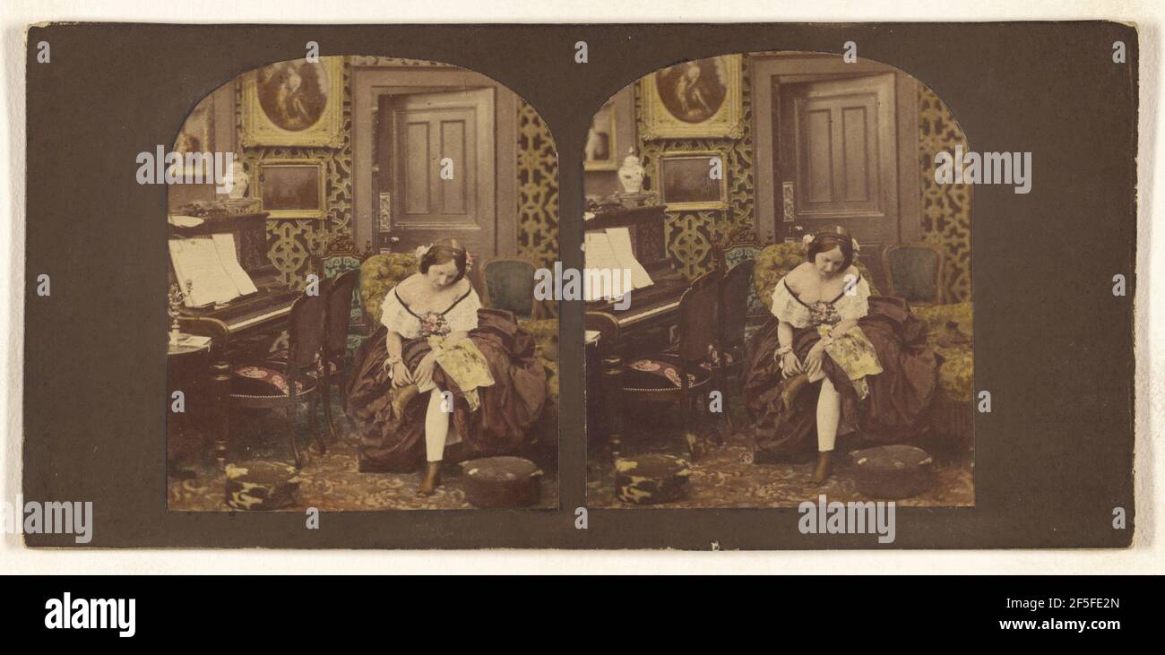 Innocence: woman seated in parlor fixing her shoe. Unknown Stock Photo ...