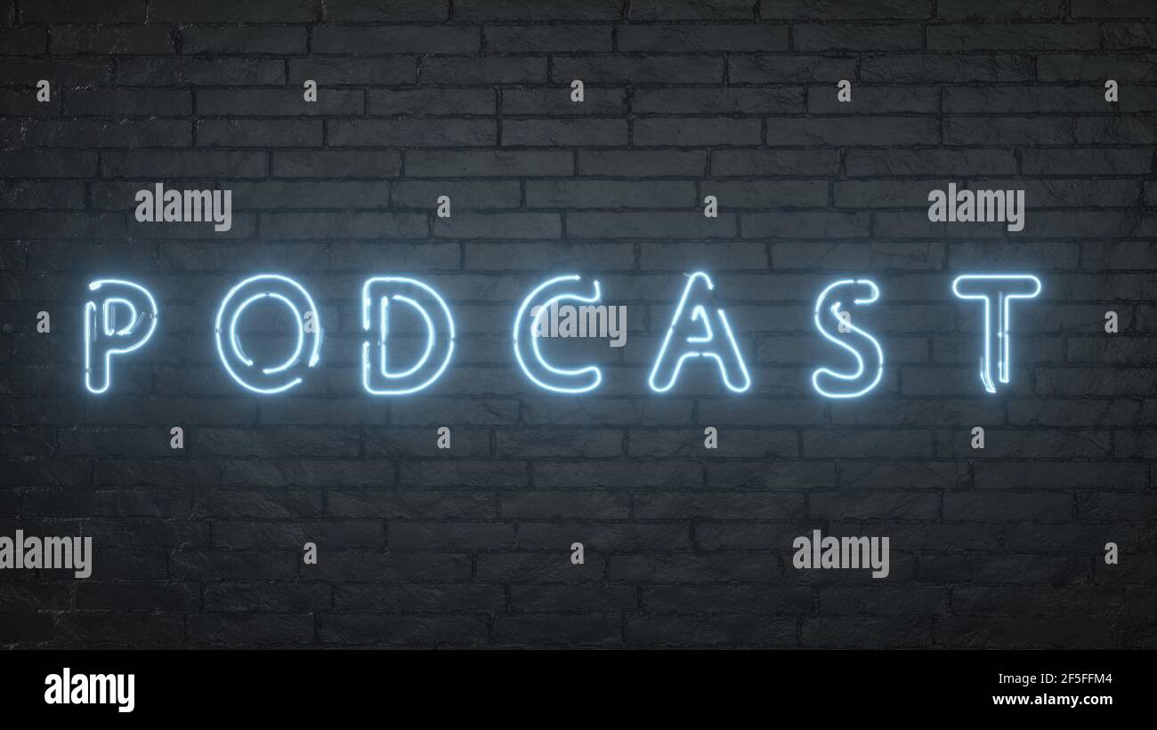 Podcast neon sign. Glowing podcast emblem on black brick wall ... Podcast neon sign. Glowing podcast emblem on black brick wall ...