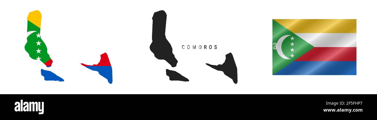 Comoros. Map with masked flag. Detailed silhouette. Waving flag. Vector ...