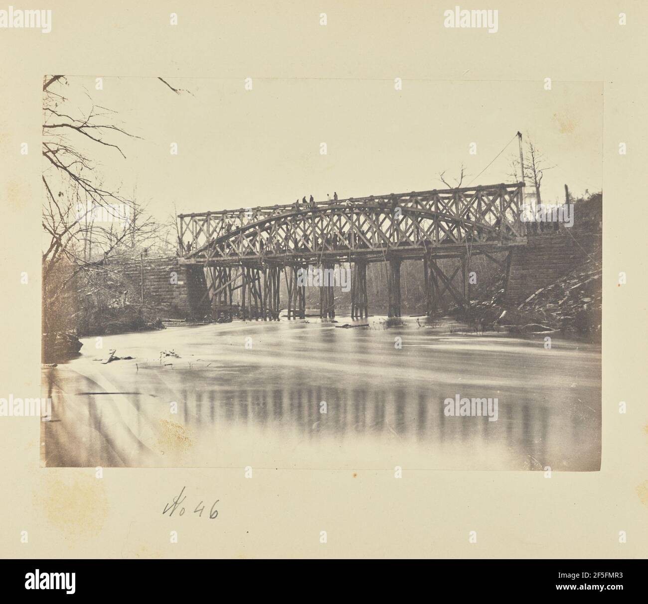 Building Military Railroad Truss Bridge across Bull Run, April, 1863. A ...