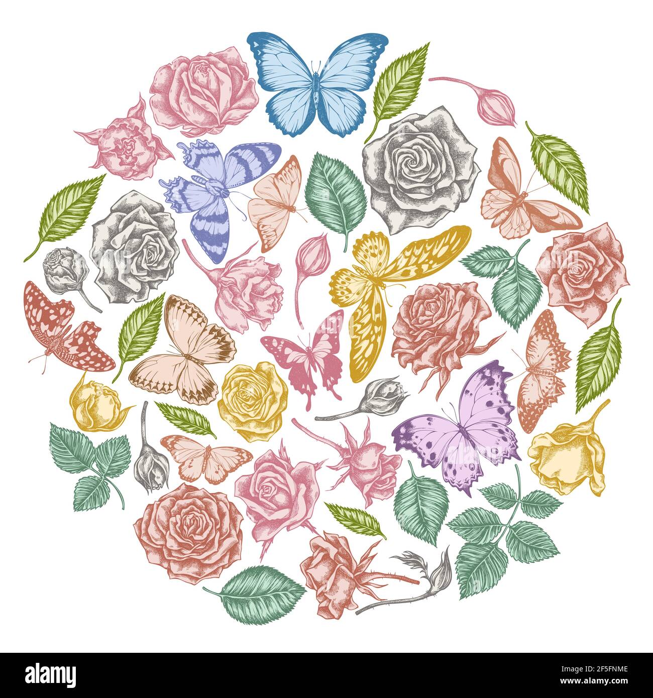 Round floral design with pastel menelaus blue morpho, lemon butterfly ...