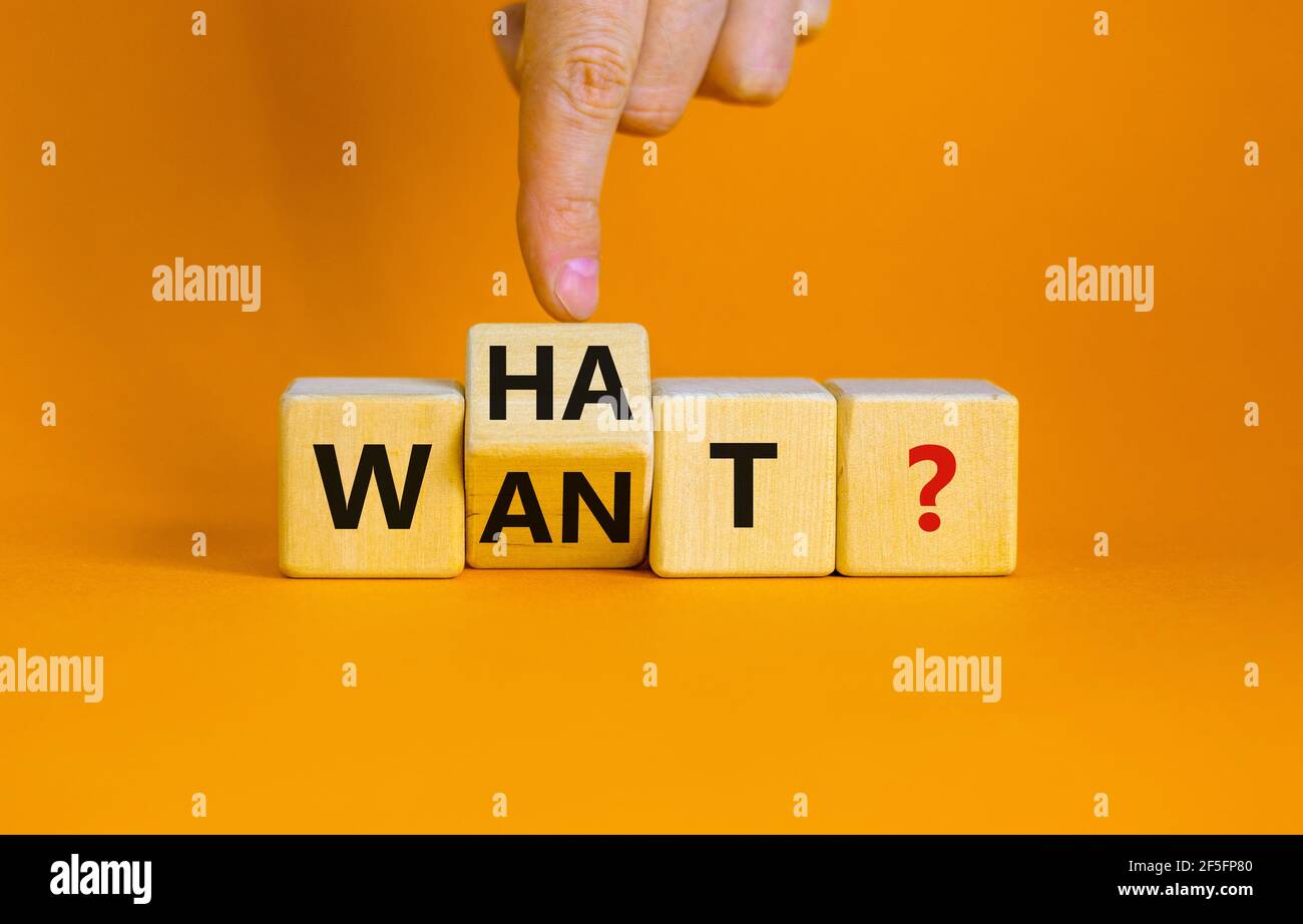 What do you want symbol. Businessman turns cubes and changes the word ...
