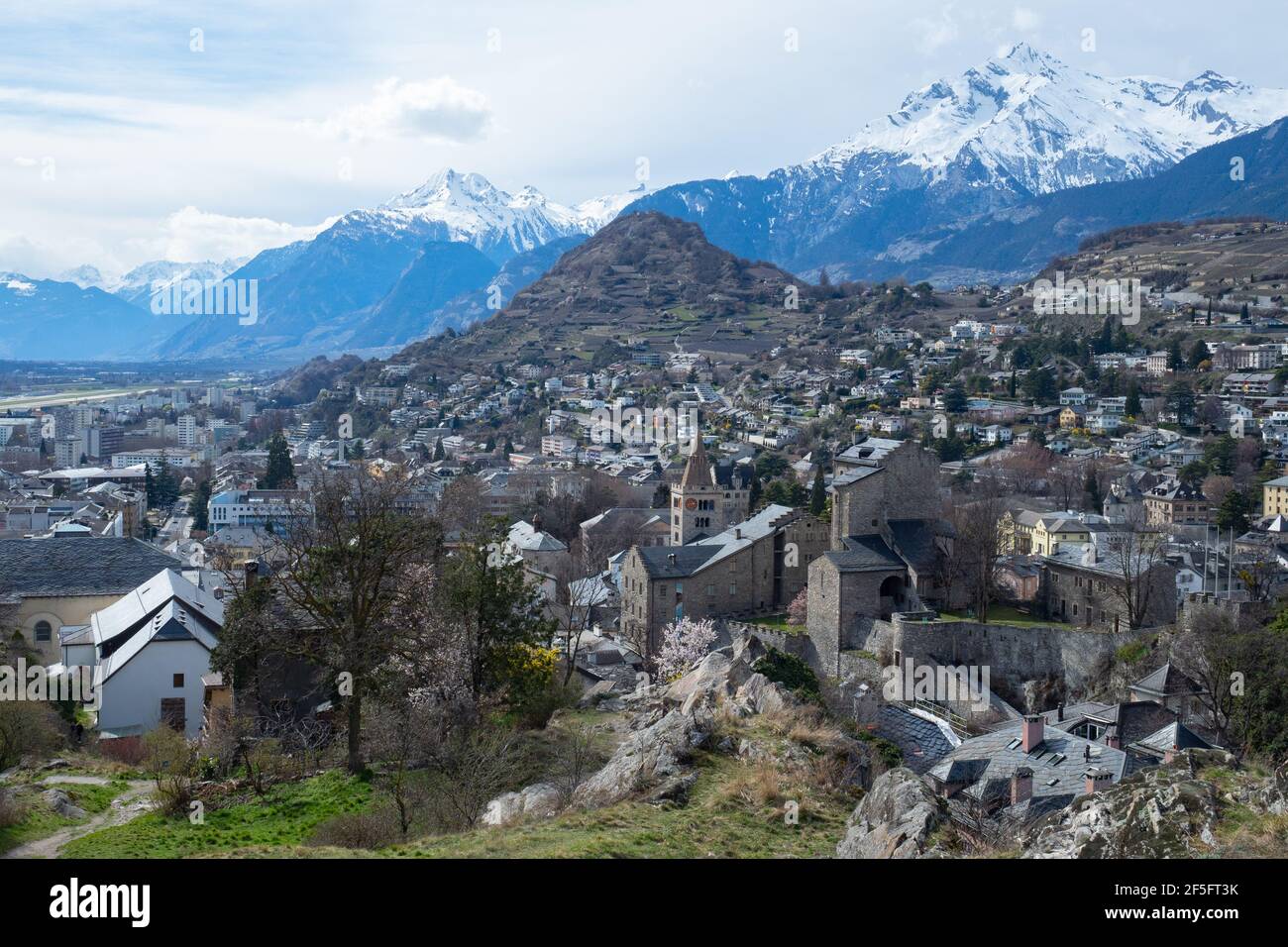 Panorama view from chateau de valere over the city of sion, switzerland ...