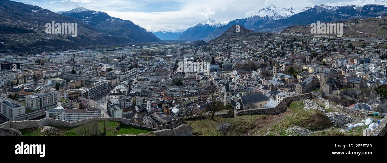 Panorama view from chateau de valere over the city of sion, switzerland ...