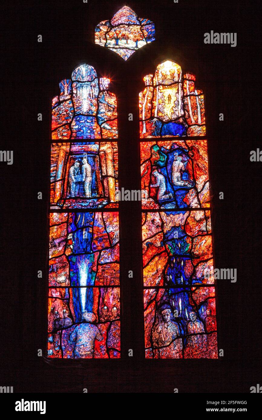 Stained glass window by Tom Denny depicting the history of mining in ...
