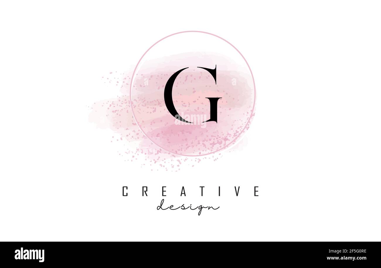 G letter logo design with glittery round frame and pink watercolor ...