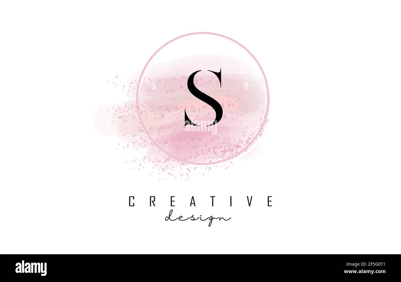 S letter logo design with glittery round frame and pink watercolor ...