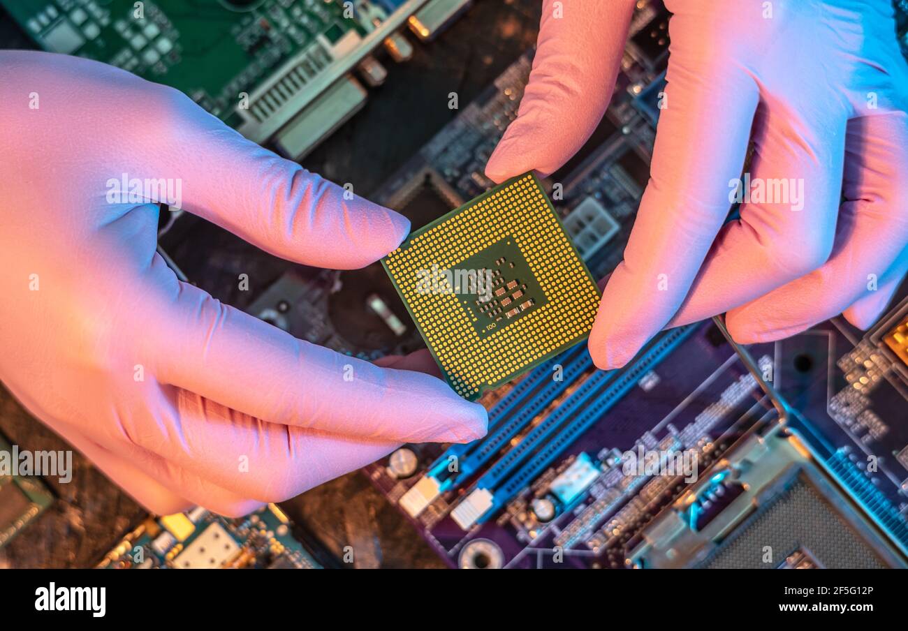 The engineer's gloved hand is holding the CPU chip against the background of the motherboard ...