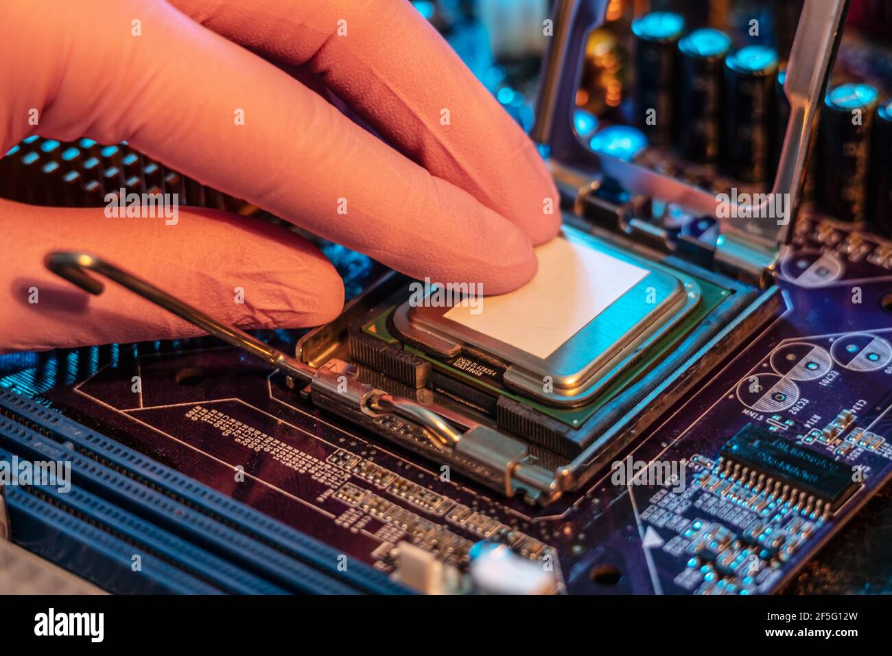 The engineer's gloved hand is holding the CPU chip against the ...