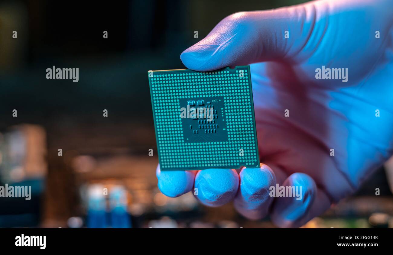 The engineer's gloved hand is holding the CPU chip against the ...