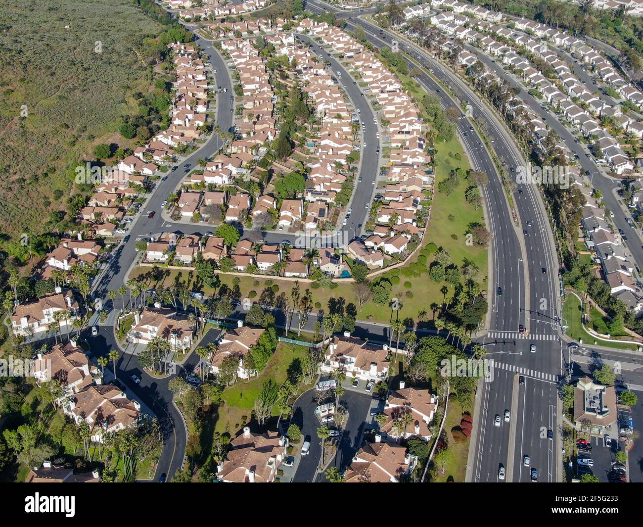 Aerial view of upper middle class neighborhood with big villas around ...