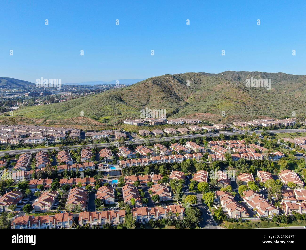 Aerial view of upper middle class neighborhood with big villas around ...