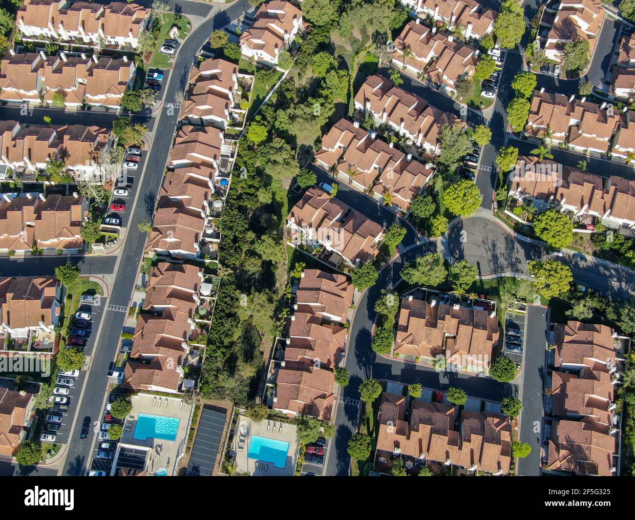 Aerial view of upper middle class neighborhood with big villas around ...