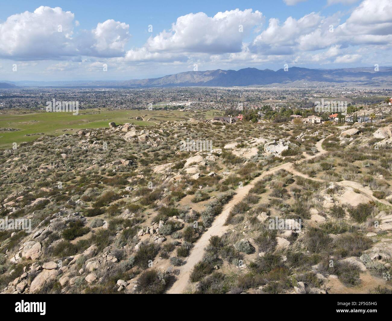 Aerial view of small trail in Simpson park wilderness valley in Santa ...