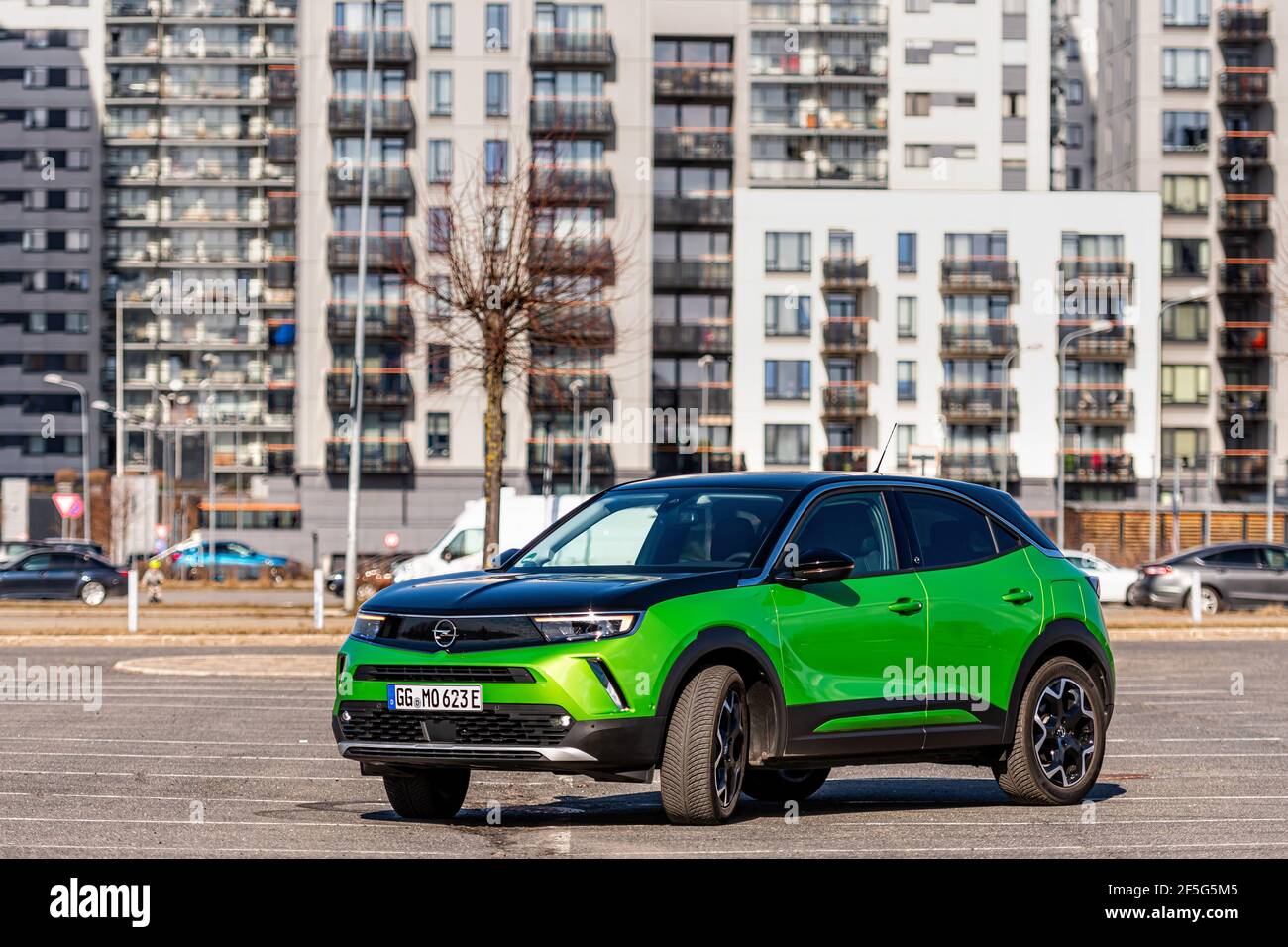 Riga, Latvia - 26 March, 2021: green electric vehicle Opel Mokka-e in ...