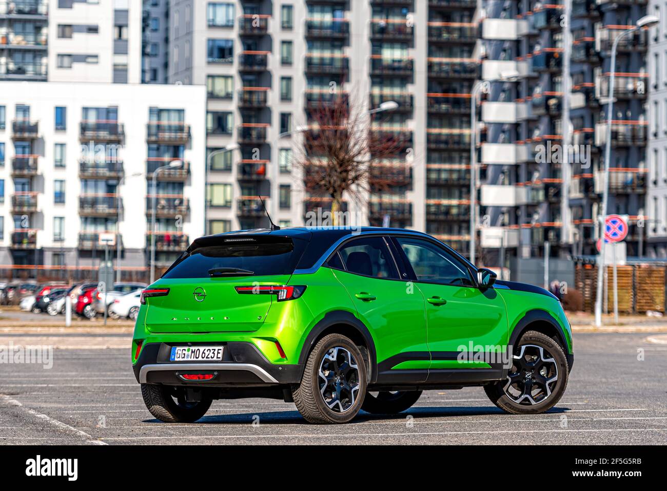 Riga, Latvia - 26 March, 2021: green electric vehicle Opel Mokka-e in ...