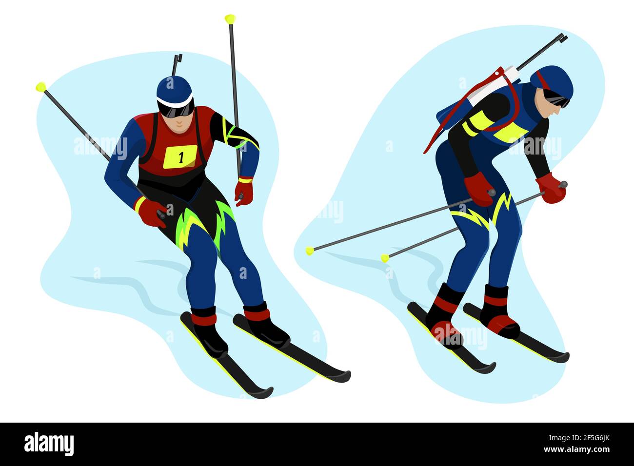 Set Biathlete in gear goes skiing and helping himself with sticks ...