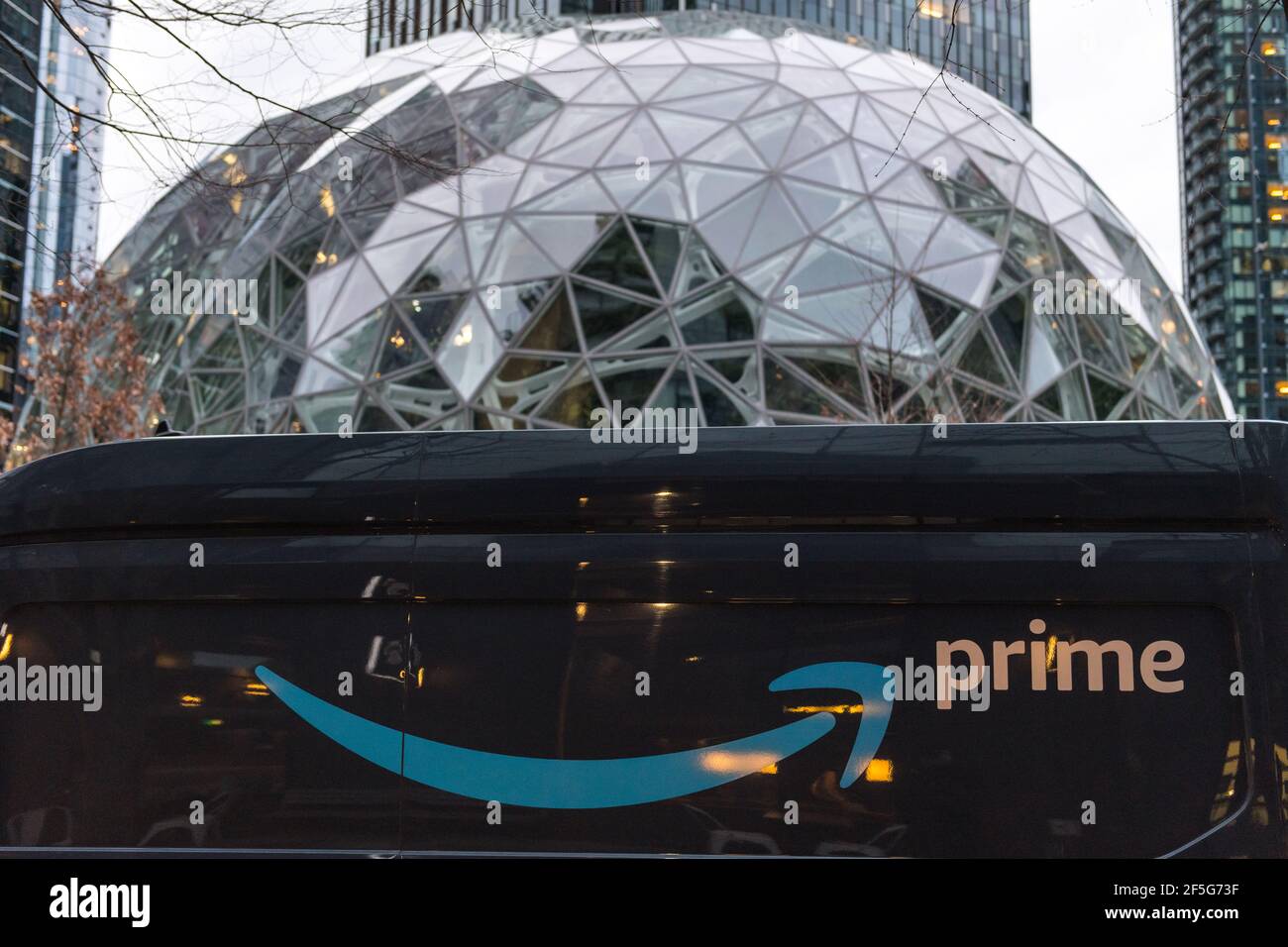 Seattle, USA. 23rd Mar, 2021. An Amazon Prime truck outside the Amazon ...