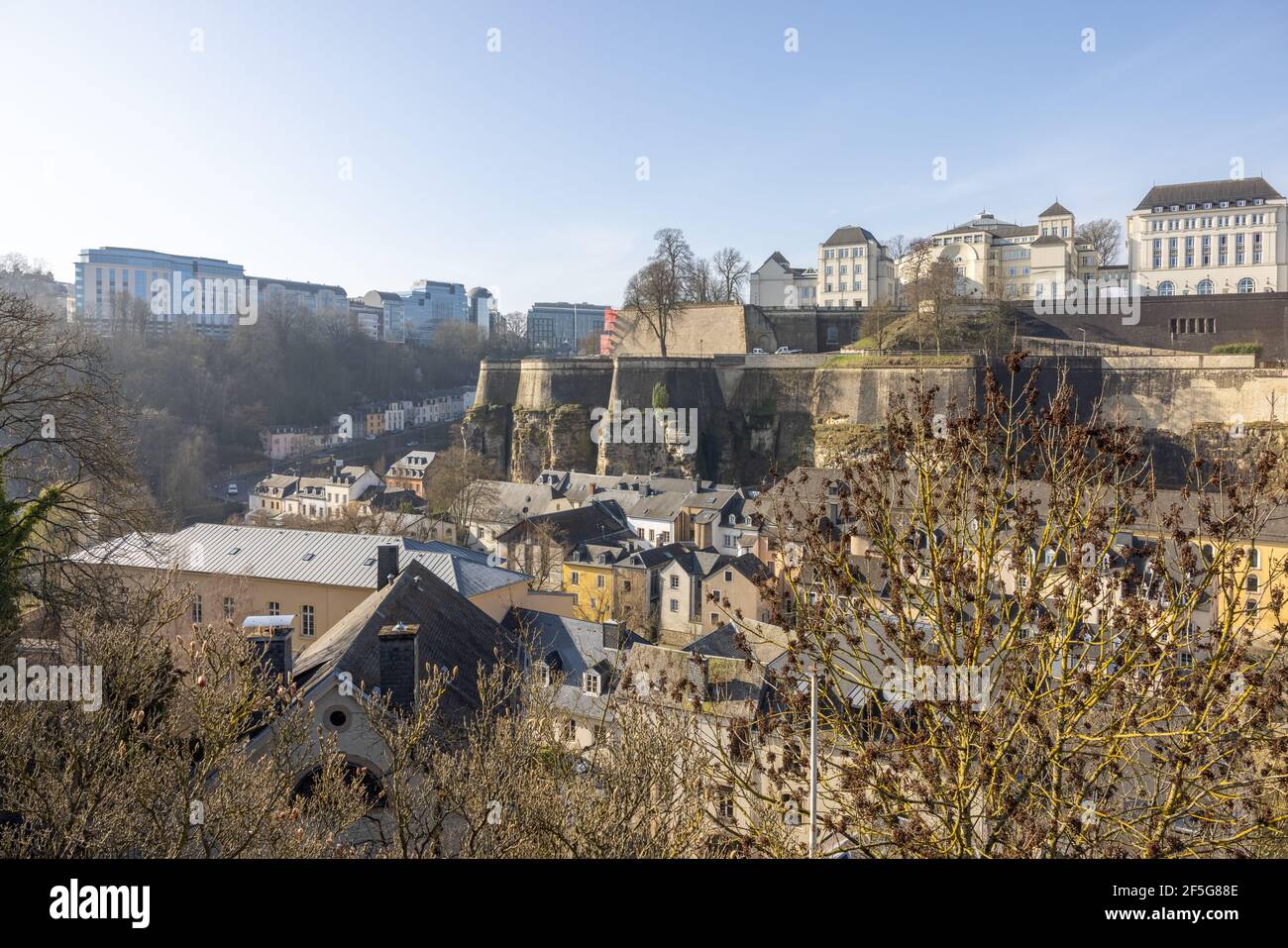 View over the valley of the river Alzette to the old town of Luxembourg ...