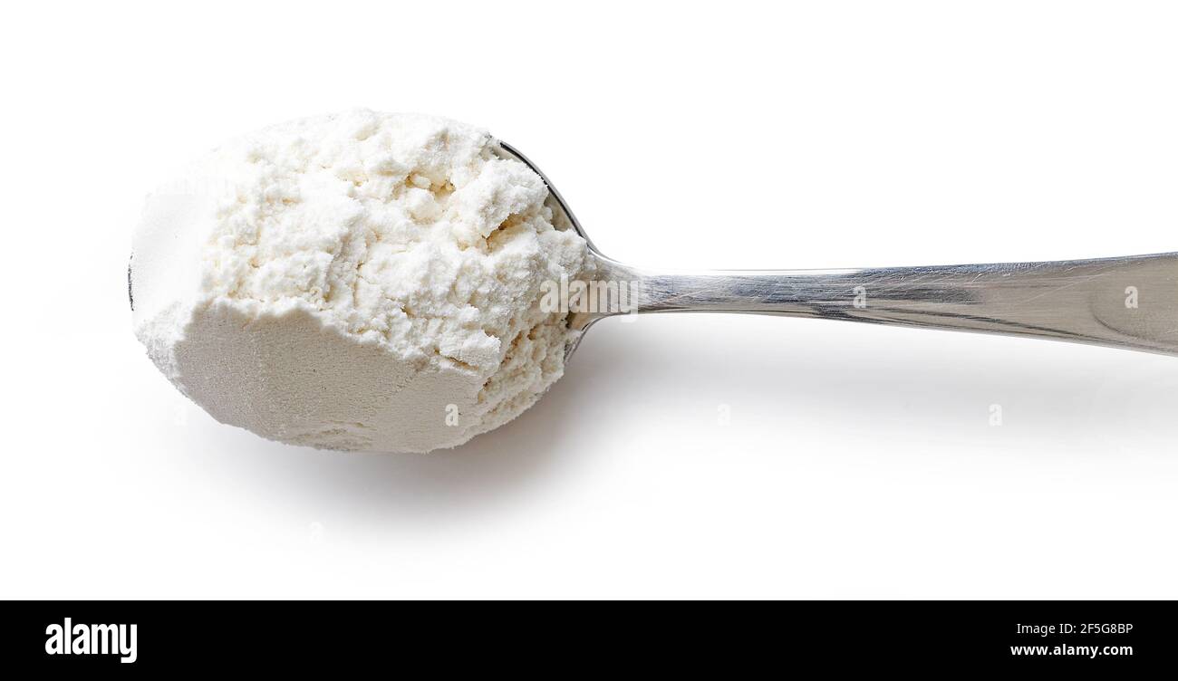 spoon of flour isolated on white background, top view Stock Photo - Alamy