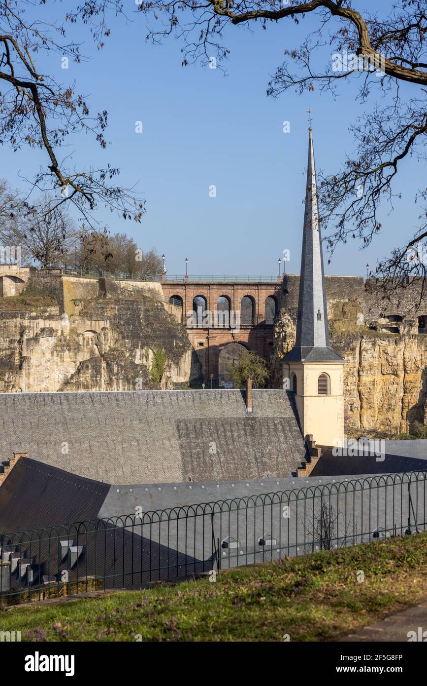 View over the valley of the river Alzette to the old town of Luxembourg ...