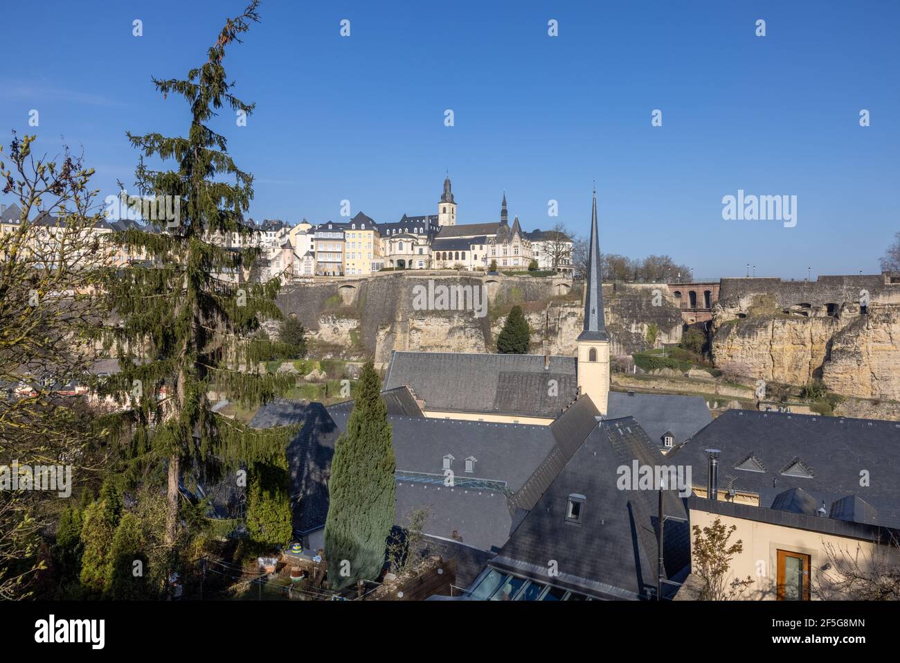 View over the valley of the river Alzette to the old town of Luxembourg ...