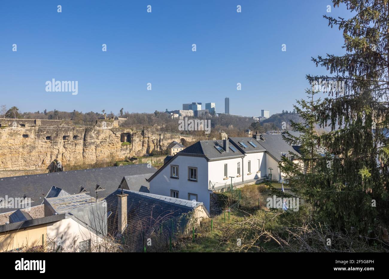 View over the valley of the river Alzette to the old town of Luxembourg ...