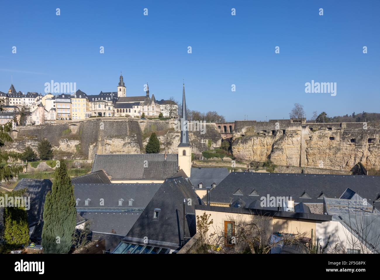 View over the valley of the river Alzette to the old town of Luxembourg ...