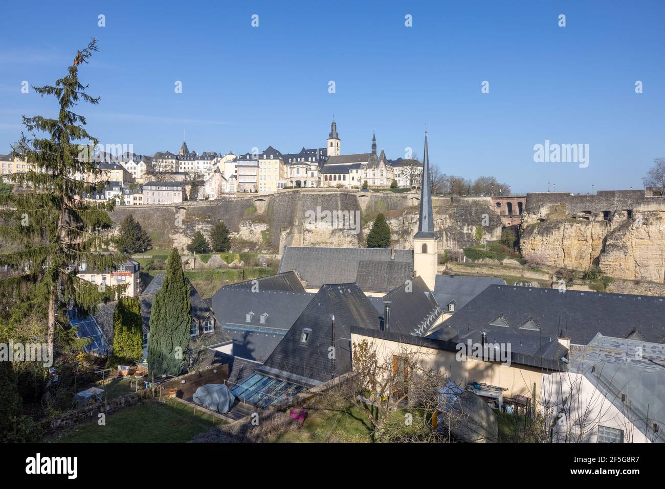 View over the valley of the river Alzette to the old town of Luxembourg ...