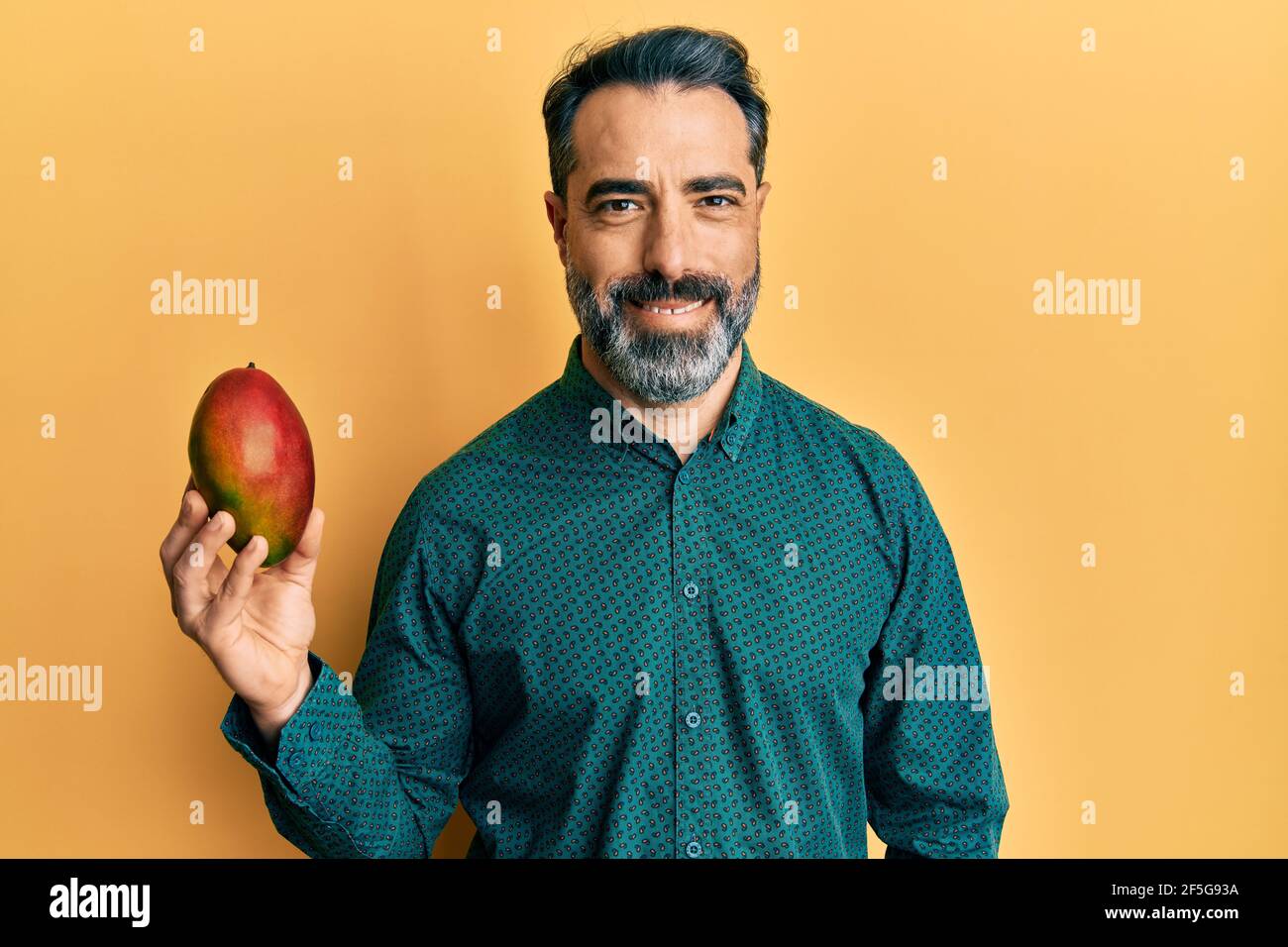 Middle age man with beard and grey hair holding mango looking positive ...