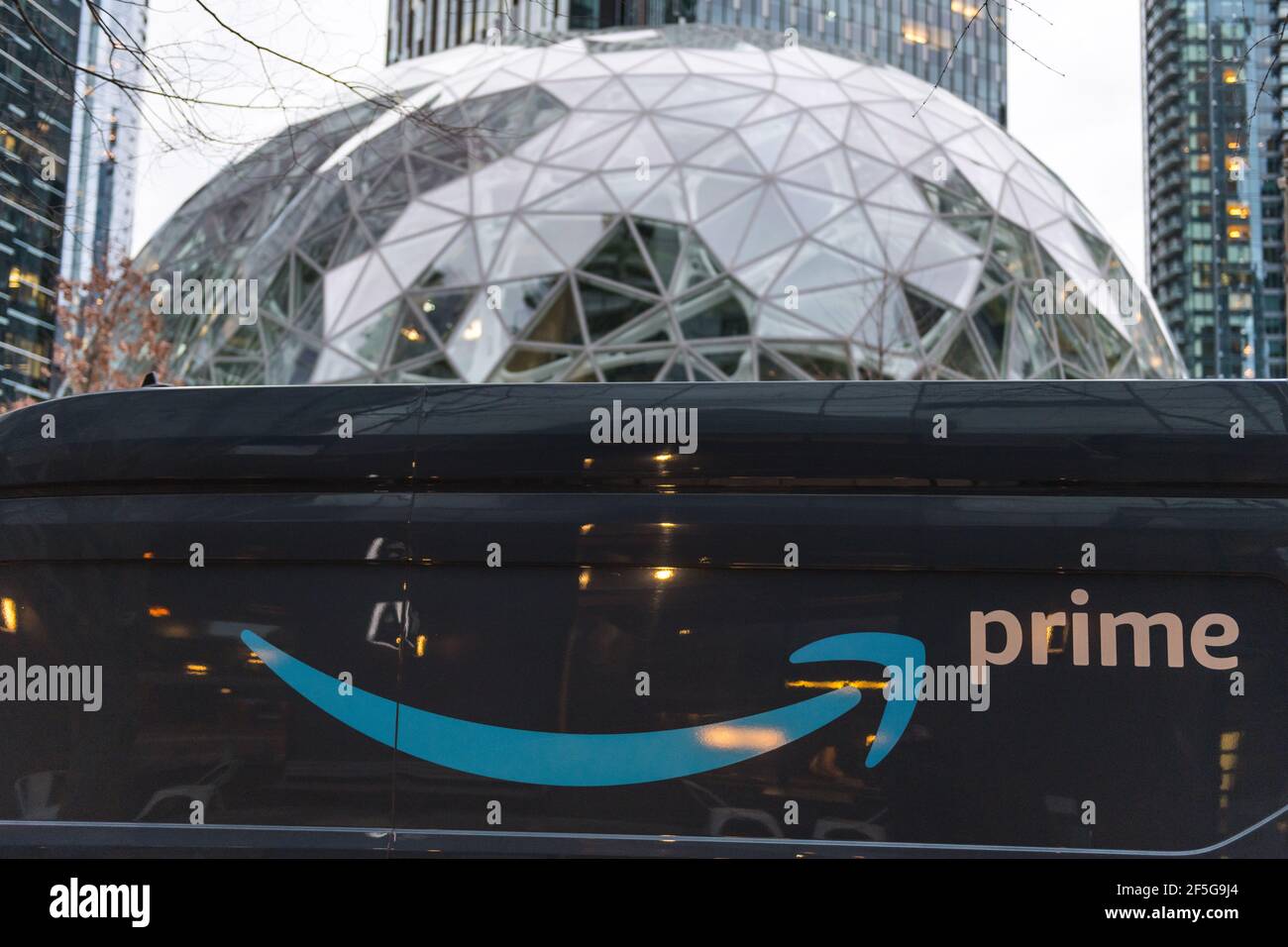 Seattle, USA. 23rd Mar, 2021. An Amazon Prime truck outside the Amazon ...