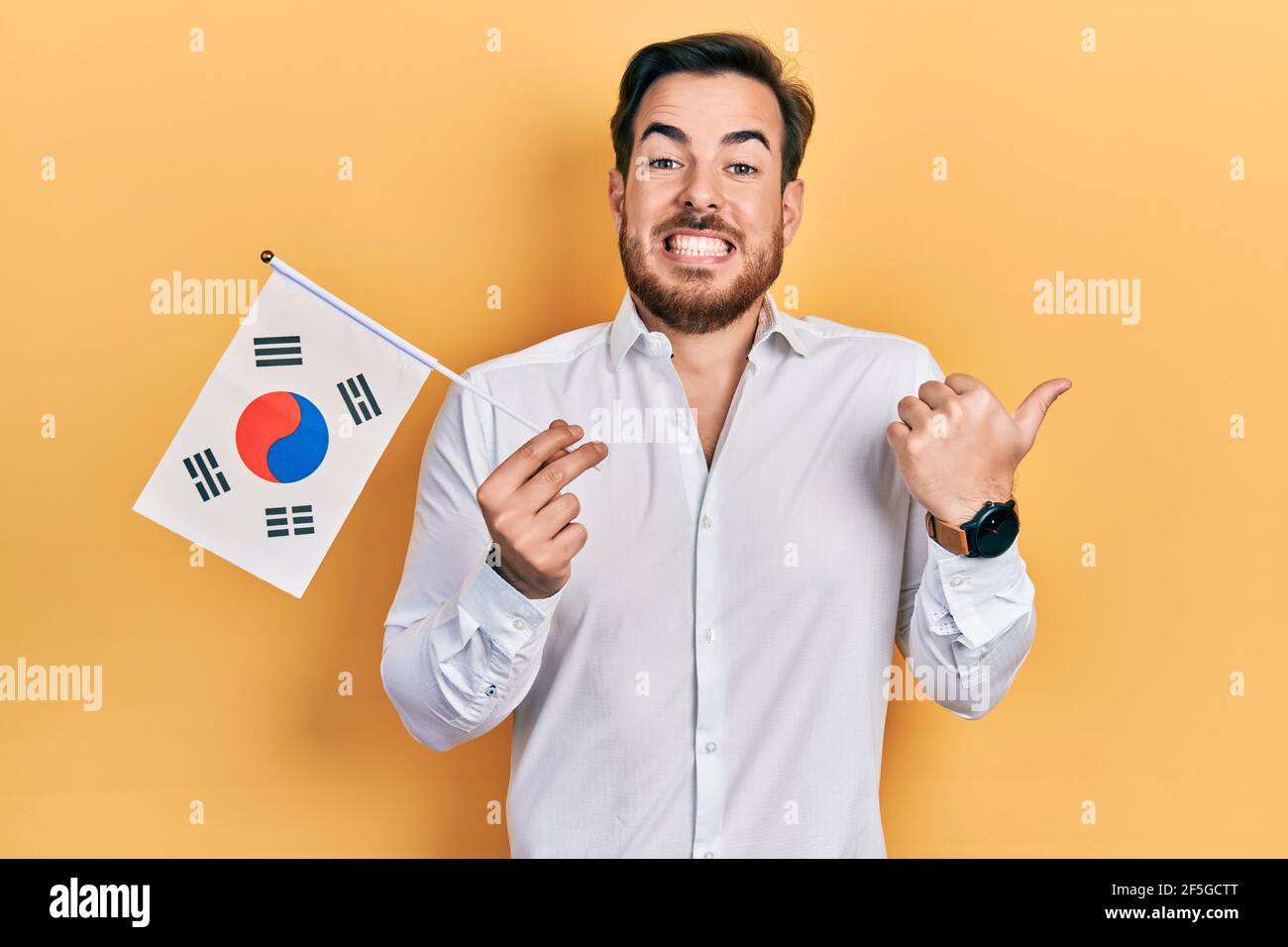 Handsome caucasian man with beard holding south korea flag pointing ...