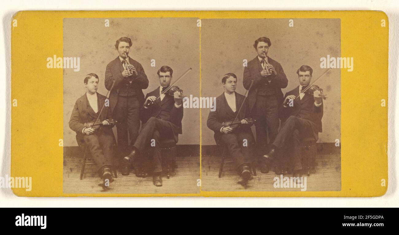 Three musicians: one cornet player standing, two violinists seated ...