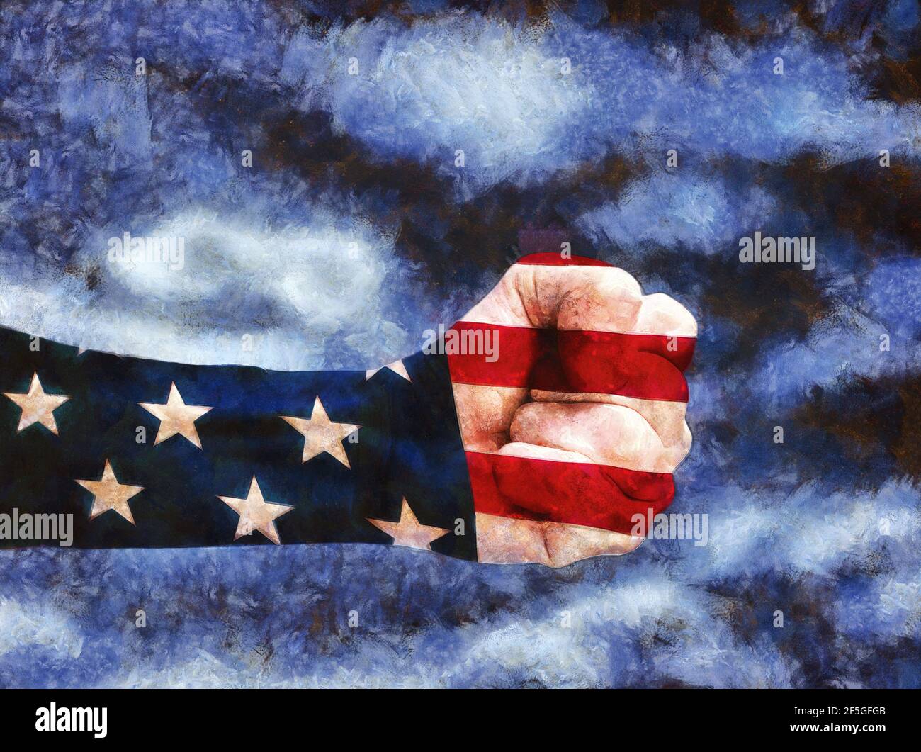 The hand is clenched into a fist and painted in the colors of the flag ...