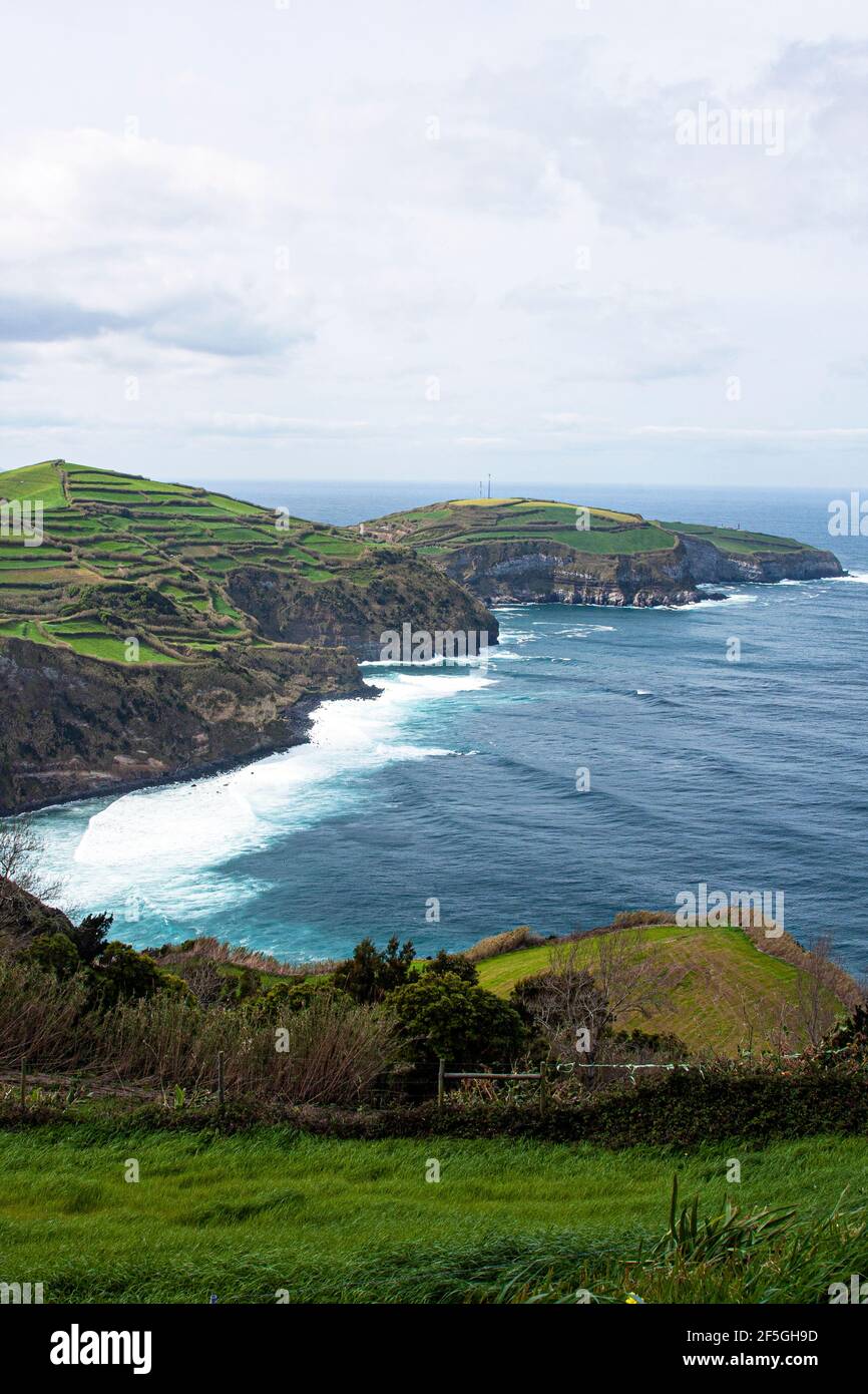 Portugal; Azores; Acores, north coast, seafront, ocean, Mirador da ...
