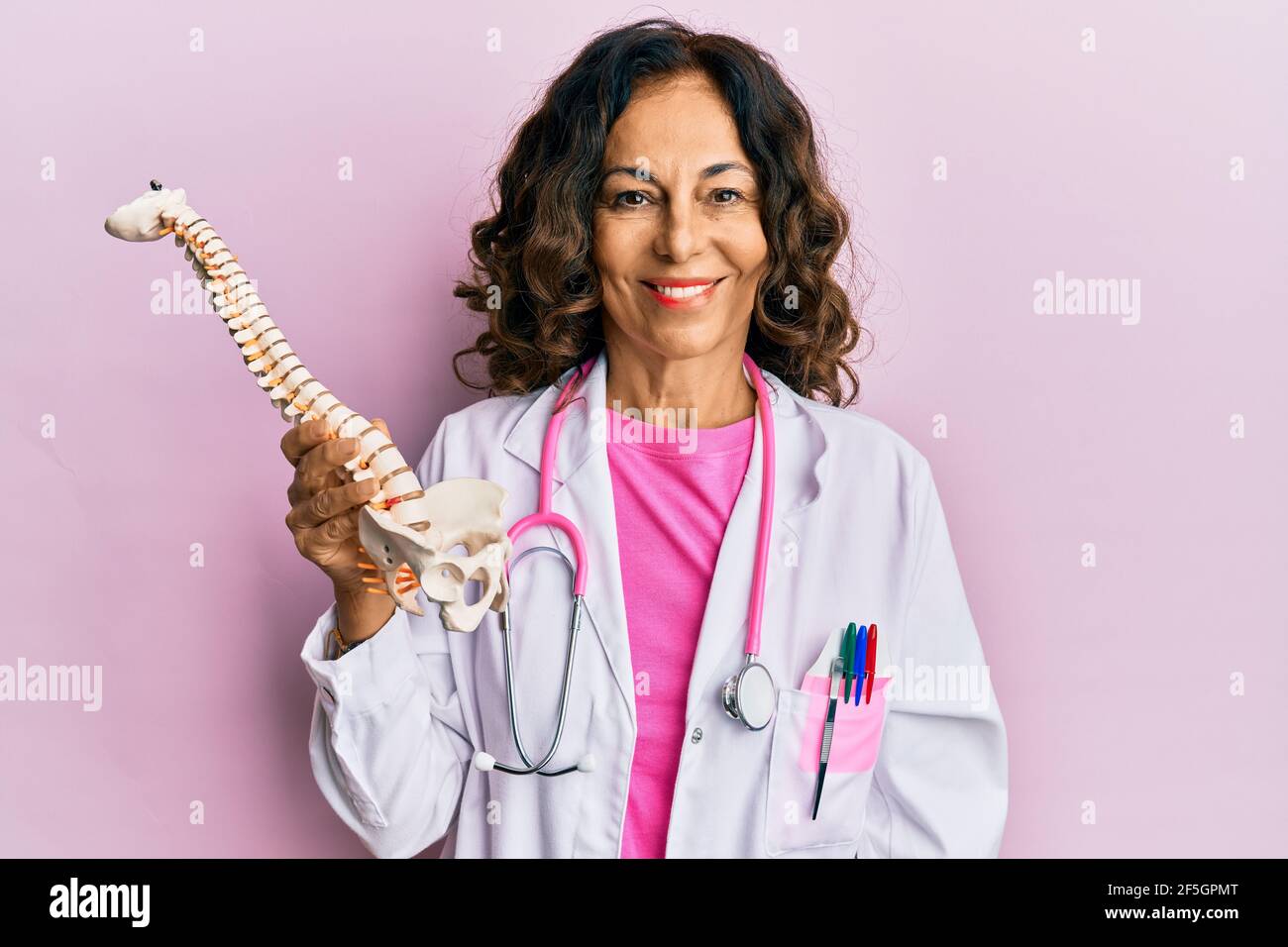 Middle age hispanic doctor woman holding anatomical model of spinal ...