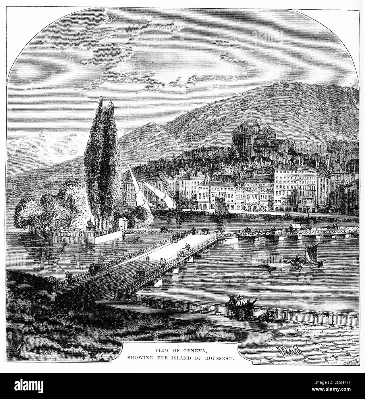 Engraving of Geneva, showing the island of Rousseau. Illustration from ...