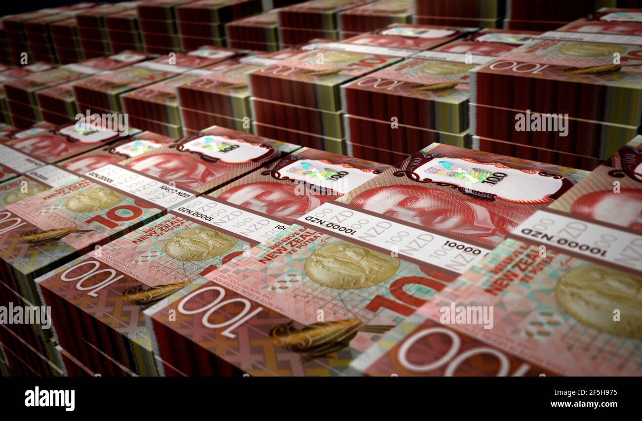 New Zealand Dollar money pack 3d illustration. 100 NZD banknote bundle ...