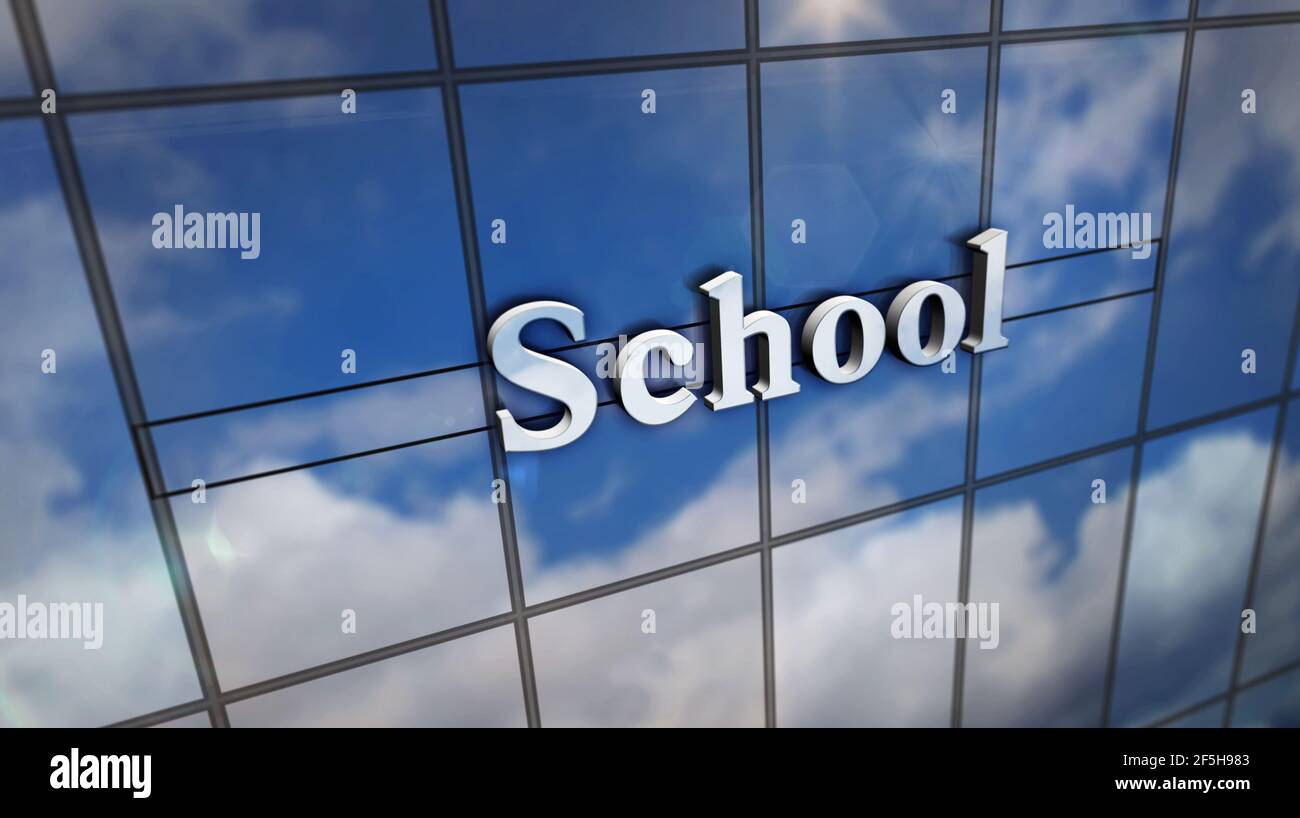 School on glass building. Mirrored sky and city modern facade. Public ...