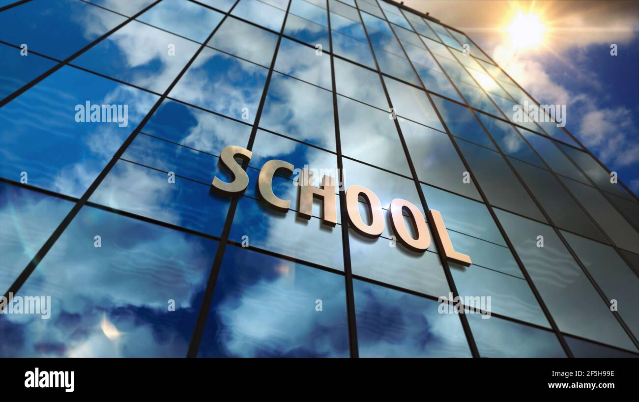 School on glass building. Mirrored sky and city modern facade. Public ...